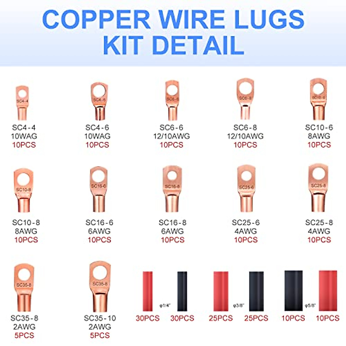 240pcs Copper Wire Lugs Battery Terminals Battery Cable Ends, AWG 2 4 6 8 10/12 Gauge Wire Connectors, 110Pcs Wire Lugs Terminal Connectors with 130Pcs Heat Shrink Tubing for Marine Electrical
