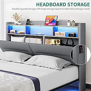 YITAHOME Queen Size Floating Bed Frame, Upholstered Platform Bed with Hidden Storage Headboard, RGB Bed Frame with USB-C/A Charging Station, No Box Spring Needed, Gray