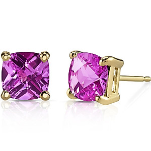 Peora Solid 14K Yellow Gold Created Pink Sapphire Stud Earrings for Women, Classic Solitaire, Hypoallergenic Cushion Cut 6mm, 2.50 Carats total, Friction Back