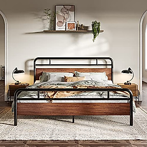ONBRILL King Size Metal Bed Frame with Curved Wooden Headboard and Footboard, Mattress Foundation Platform Bed Frame with Under Bed Storage, No Box Spring Needed, Modern, Walnut