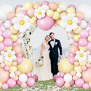 Daisy Flower Balloon Garland Arch Kit 137 pcs Groovy Flower Foil Balloons Boho Pastel Pink Yellow White Orange Birthday Party Decorations for Girls Bridal Baby Shower Wedding Carnival Holiday