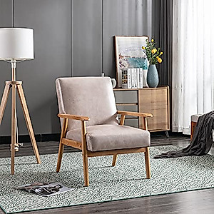 freemax Mid Century Accent Armchair Wood Leather Lounge Chair with Suede Cushion and Soft Sponge, for Living Room Bedroom Reading Room (Beige)