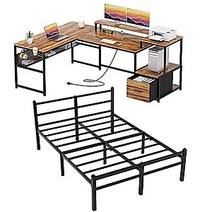 GreenForest Queen Size Bed Frame with Headboard Easy Assemble and 69 inch L Shaped Desk with Drawers and Monitor Stand and Printer Storage Shelves