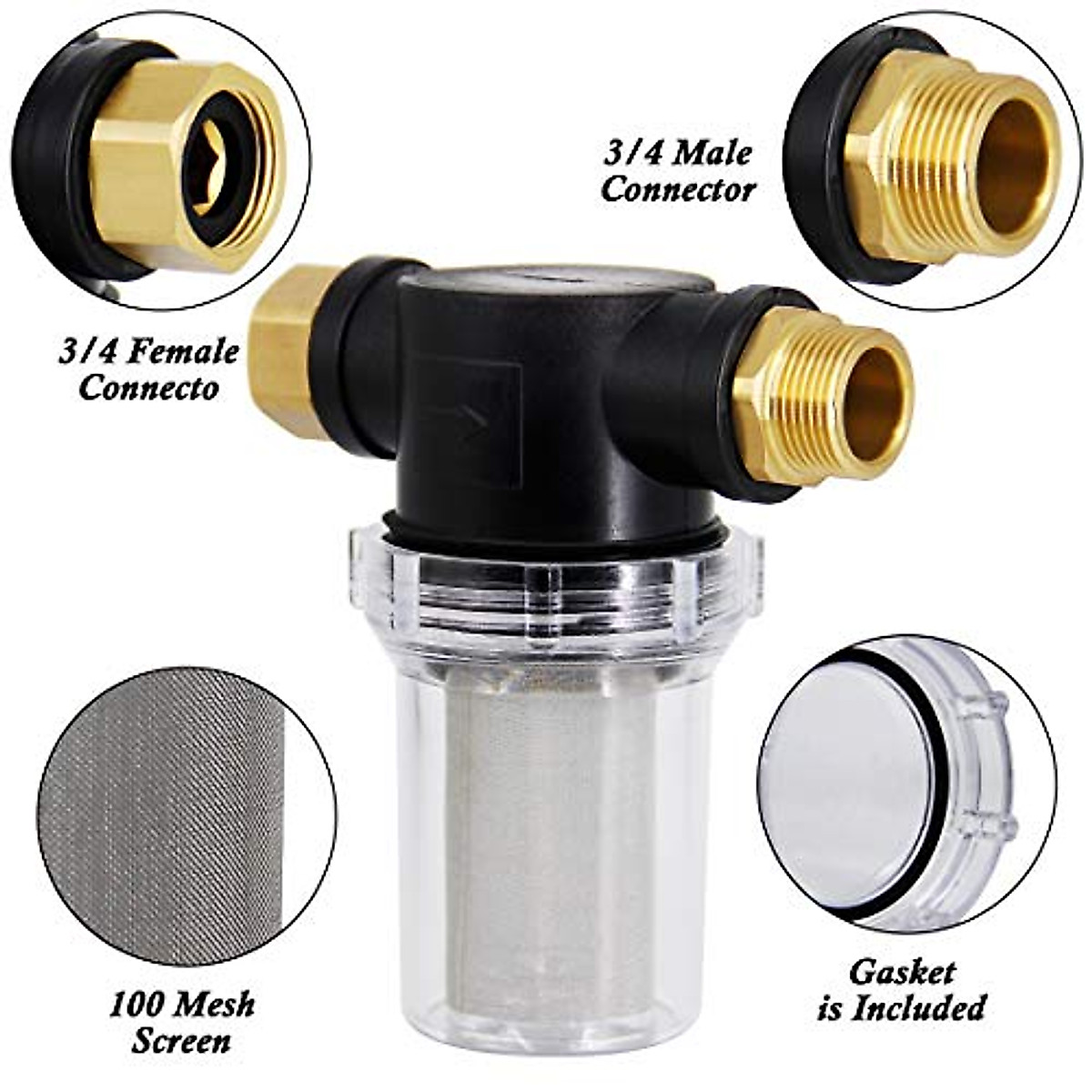 Twinkle Star Sediment Filter Attachment Line Water Hose Filter with 100 Mesh and 40 Mesh Screen, 2Pcs O-Ring, Garden Hose Filter Pressure Washer Inlet for RV Camping Car Wash Water Hose