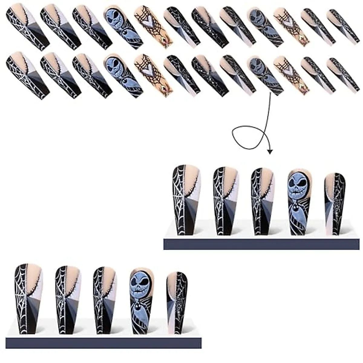 Halloween Press on Nails Long Coffin Fake Nails Full Cover Nightmare Christmas Nails Spider Web False Nails with Designs Rhinestones Matte Glue on Nails Artificial Nails for Women Girls 24Pcs