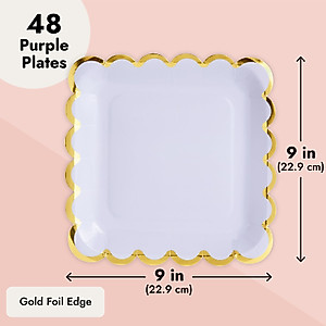 Sparkle and Bash 48 Pack Pastel Purple Paper Plates for Birthday Party Supplies, Scalloped Gold Border, 9 Inches