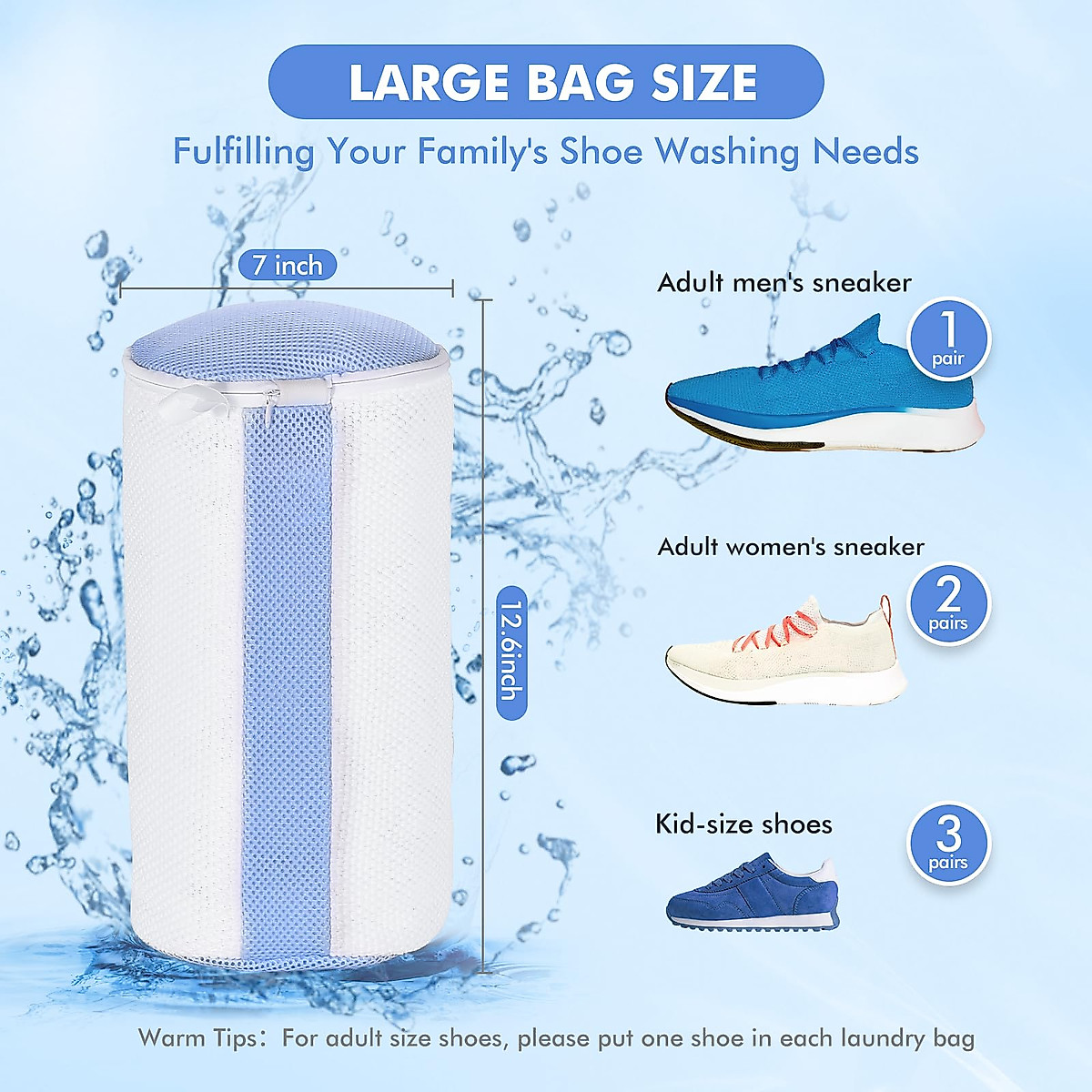 Teletrogy 2 Pcs Shoe Washing Machine Bags, Laundry Bag for Shoe Washer and Dryer, Reusable Shoe Cleaning Bag Fluffy Fiber Inside, Sneaker Mesh Laundry Bags for All Shoes, Large Size, 7 x 13 Inches
