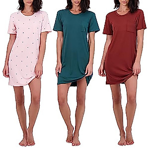 Real Essentials Womens Short Sleeve Nightgown Nightshirts Bamboo Soft Nightgowns Night Shirts Gowns Women Nightdress Sleep Shirt Adult House Dress Sleepwear Pajama PJs Moo Moos, Set 4, XL, Pack of 3