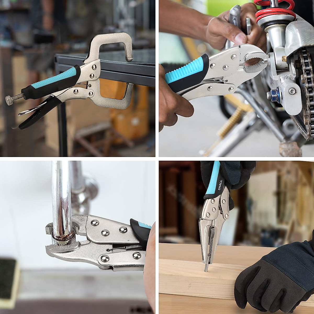 SHALL 6-Piece Locking Pliers, Vice Grips Pliers Set, 5",7" & 10" Curved Jaw Locking Pliers, 6-1/2" & 9-1/2 Long Nose Locking Pliers, 6" Locking C-Clamp, Two-Color TPR Handle, Roll Up Pouch Included