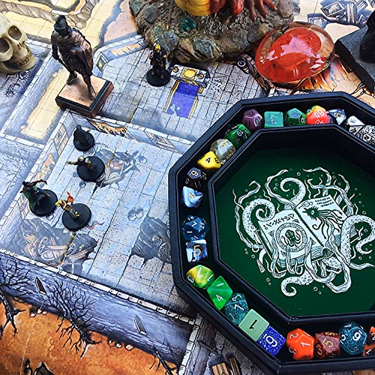 Fantasydice-Cthulhu Tome-Green - Dice Tray - 9" Octagon with Lid and Dice Staging Area- Holds 5 Sets(7 Dice Set/Standard) for All Tabletop RPGs Like D&D, Call of Cthulhu, Shadowrun.