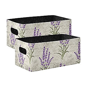 Emelivor Lavender Purple Flowers Storage Basket Bins Set (2pcs) Felt Collapsible Storage Bins with Dual Handles Closet Storage Bins for Kids Toys Pet Toy Books Clothes Closet Cabinet Organise