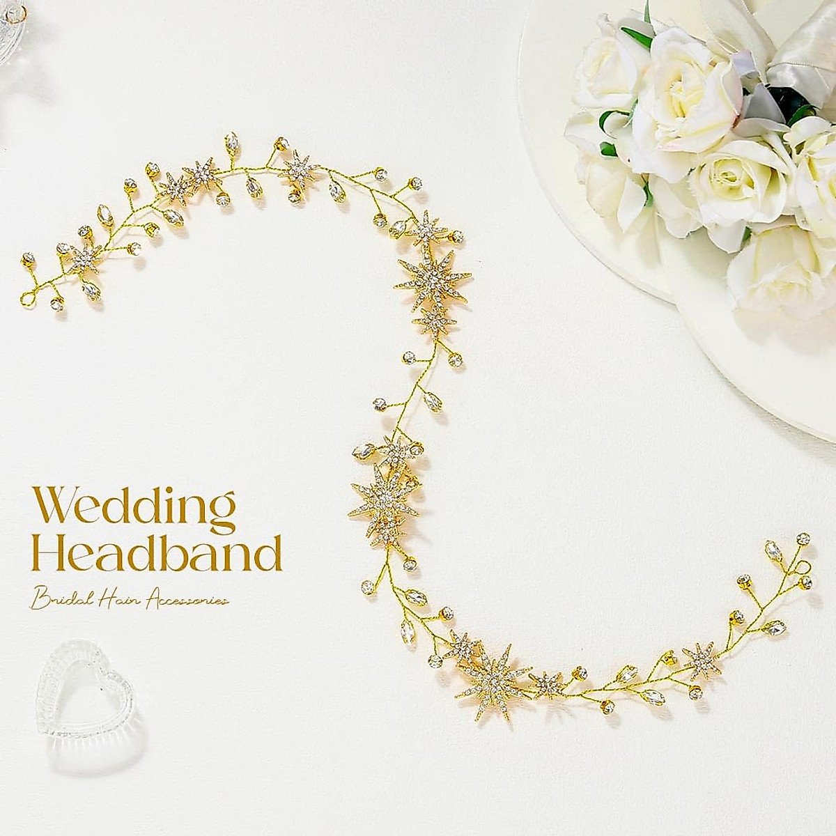 Unicra Star Rhinestone Bride Wedding Hair Vine Gold Bridal Hair Piece Crystal Hair Accessories for Women and Girls (21 Inches) (Gold)