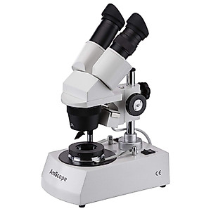 AmScope SE306-P-DK Binocular Stereo Microscope, WF10x Eyepieces, 20X and 40X Magnification, 2X and 4X Objectives, Upper and Lower Halogen Lighting, Reversible Black/White Stage Plate, Pillar Stand, 120V, Includes Darkfield Condenser