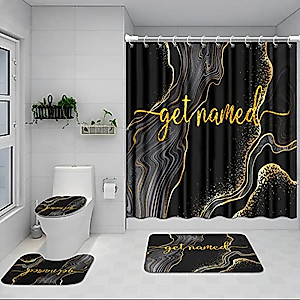 Acxzorpv 4 Pcs Get Named Black Marble Shower Curtain and Rugs Set Bathroom Sets with Bath Mat Waterproof Bathroom Curtain with 12 Hooks (Black)