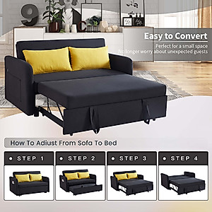 SumKea 55.5'' Pull Out Couch, 3-in-1 Sleeper Loveseat Convertible Bed with USB, Adjustable Backrest, Pillows, Side Pocket, Fabric Sofa Bed for Living Room, Office, Black