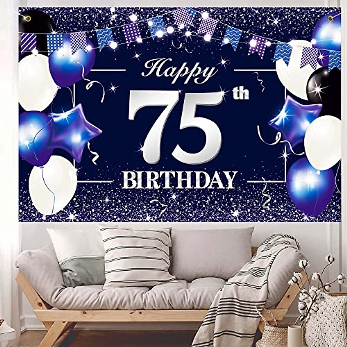 P.G Collin Happy 75th Birthday Banner Backdrop Sign Background 75 Birthday Party Decorations Supplies for Him Men 6 x 4ft Blue Purple Blue White 75