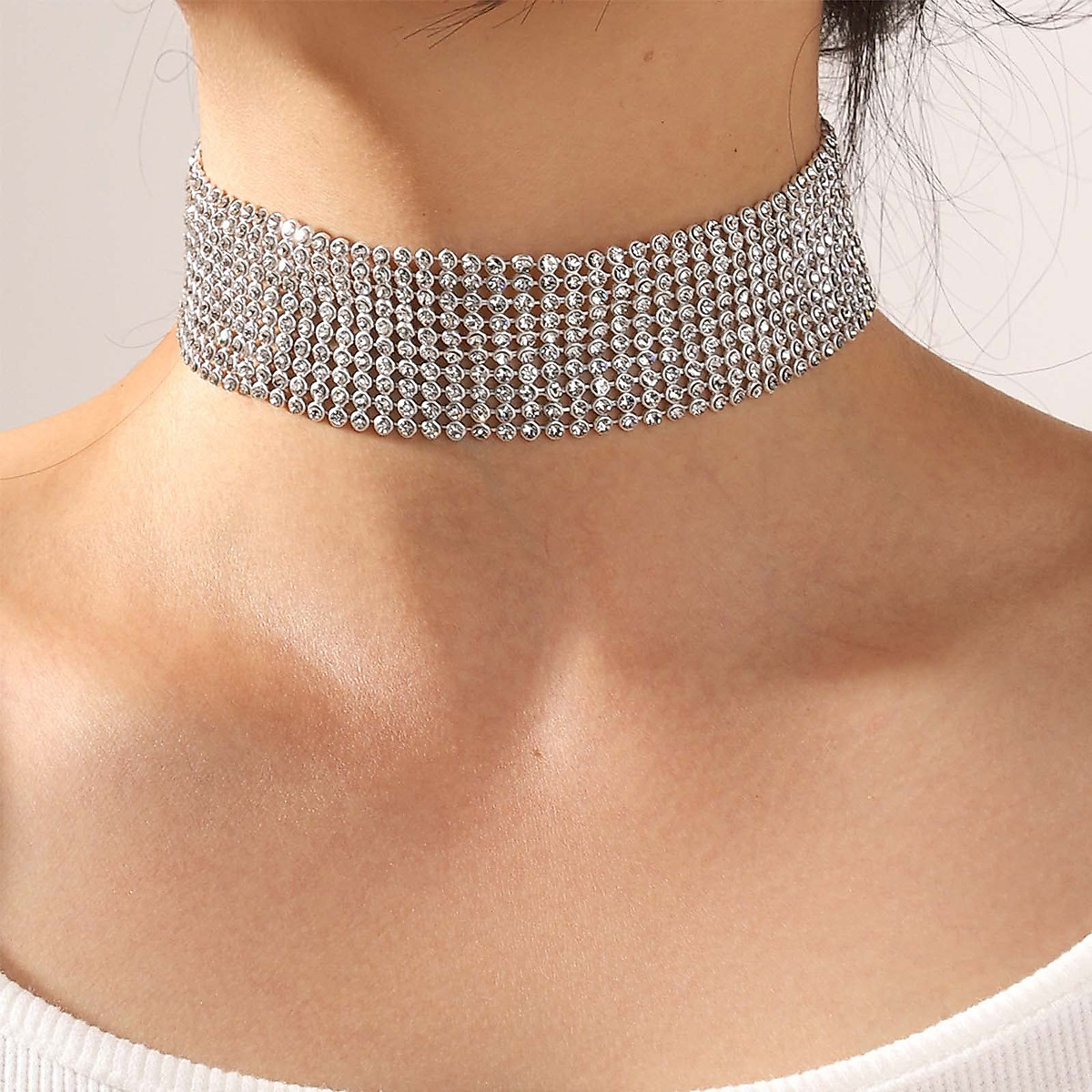 Sttiafay Punk Rhinestone Choker Necklace for Women Wide Full Diamond Necklace Chain 10-Row Sparkly Crystal Choker Collar Sexy Nightclub Party Prom Accessories