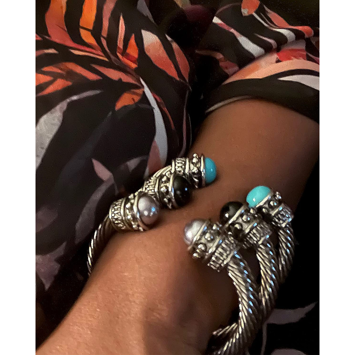 Woke Creations Grand Silver Plated Twisted Cable Bangle Cuff Bracelet Black Pearl Statement Accents