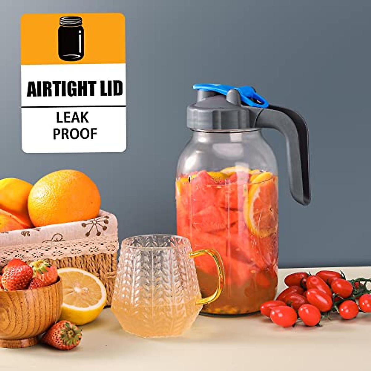 Mason Jar 64 oz Pitcher, Large Mason Jars Half Gallon Pitcher with Wide Mouth Airtight Lid, Heavy Duty 2 Quart Glass Pitcher With Lid for Cold Brew, Sun Tea, Juice, Coffee, Leakproof, Set of 1