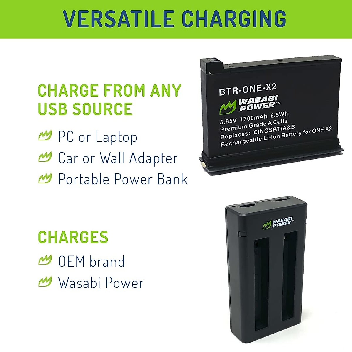 Wasabi Power Insta360 ONE X2 Battery (2-Pack) and Dual USB Charger Base Bundle Compatible with Insta360 ONE X2 Camera (Not Waterproof)
