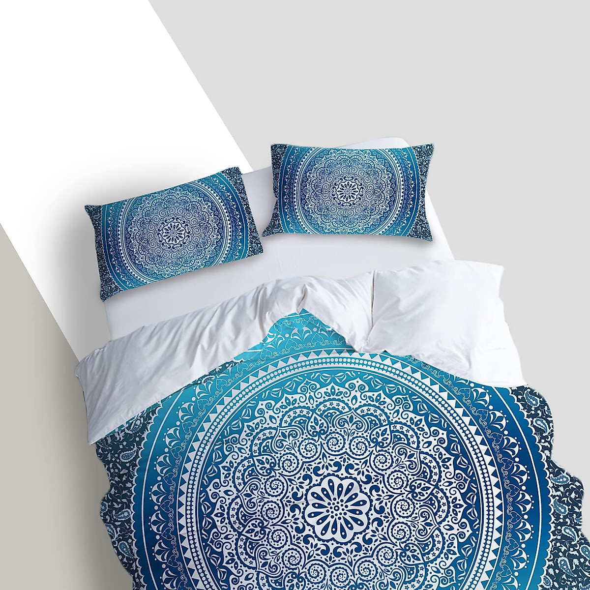 MILANKET Blue Boho Queen Duvet Cover Set, Soft Breathable Microfiber Bohemian Mandala Comforter Cover, 3pcs Luxury Chic Blue Boho Paisley Floral Bedding Set, No Comforter