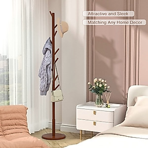 Wooden Coat Rack Freestanding Coat Tree with 4 Height Options and 9 Hooks, Sturdy Coat Rack Stand for Clothes/Bags/Hats, Easy Assemble Save Space for Entryway,Bedroom,Office,Narrow Place (Brown)