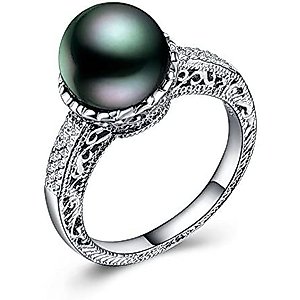konkanok shop925 Silver Filled Jewelry Round Cut Black Pearl Women Wedding Ring Size 6-10 (9)