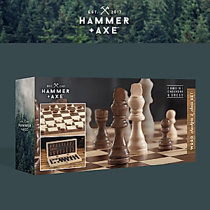 HAMMER + AXE 2-in-1 Checkers & Chess Board Game Set, Premium Quality Wood, Full-Sized Folding Board & Pieces, Portable Travel Activity for Home, Beach, Camping, BBQ, Fun Activity for Kids & Adults
