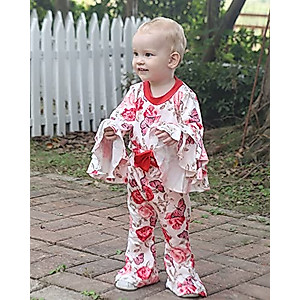 Newborn Baby Girl Clothes Infant Outfits Ruffle Sleeve Floral Romper Flare Pants Set Fall Winter Clothes 6-9 Months Red