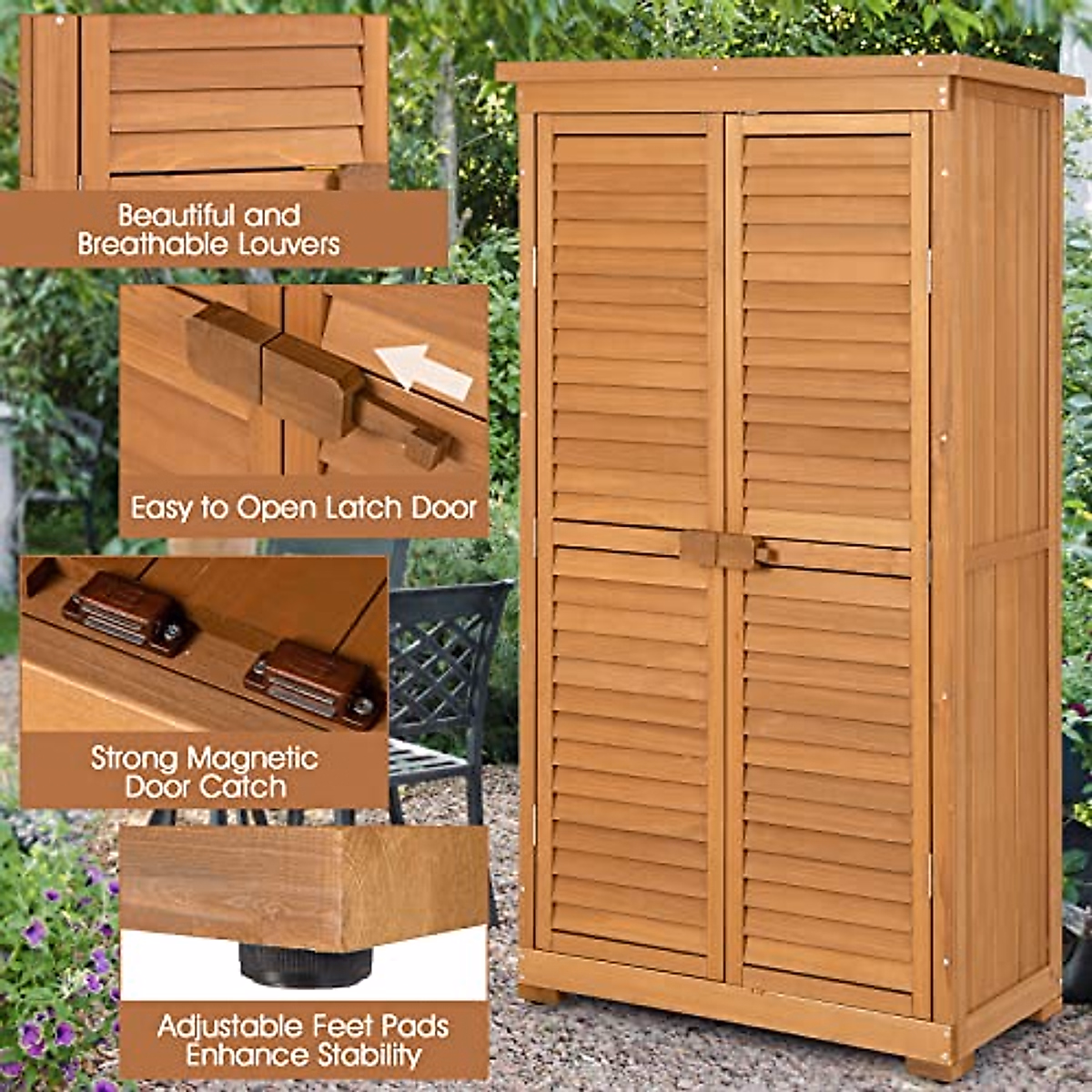 Goplus Outdoor Storage Cabinet, 63” Wood Garden Tool Shed with Double Lockable Doors 3 Shelves and Asphalt Roof, Multipurpose for Patio Lawn Garden Yard, Natural