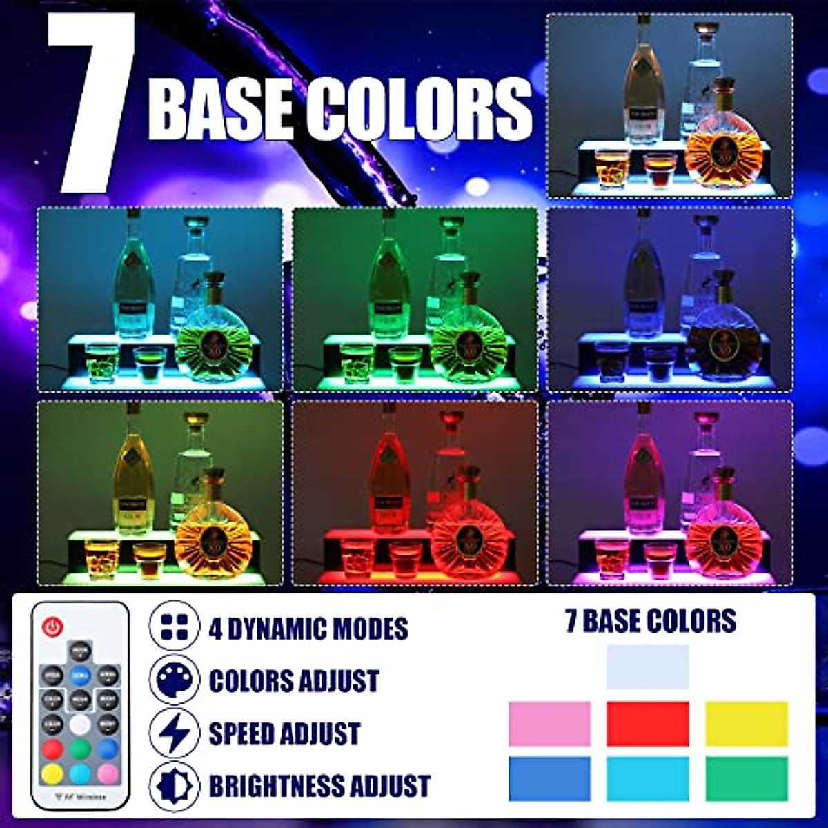 16 Inch LED Lighted Liquor Bottle Display Shelf 2 Step Illuminated Bar Bottle Shelf Lighted Bar Stand Acrylic Mounted Wine Racks for Commercial Home Bar Bottle Lighting Shelves with Remote Control