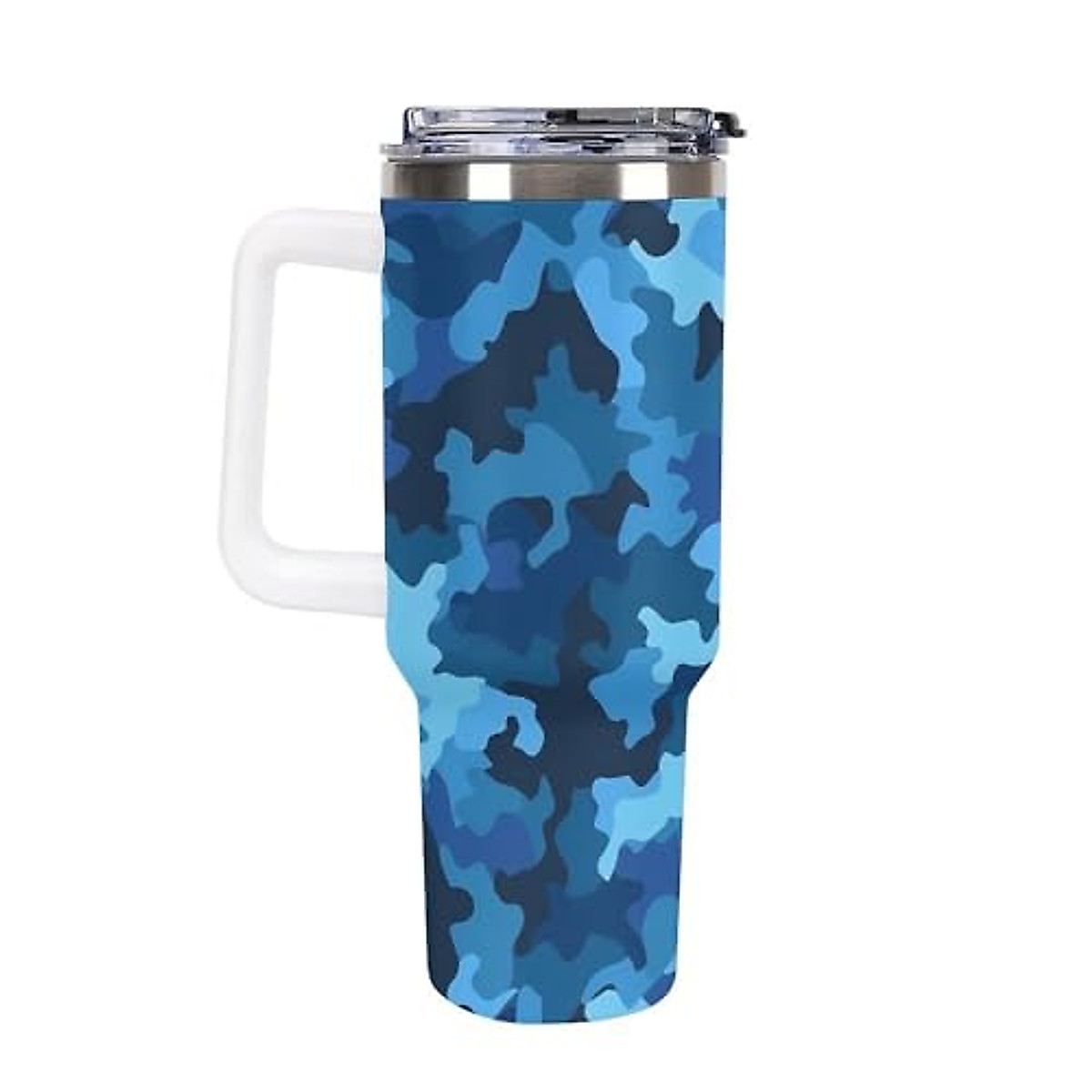 LLUTSNTH 40 Oz Vacuum Tumbler with White Handle Leakproof Insulated Tumbler Blue Camo Stainless Steel Travel Mug with Lid And Straw Coffee Cup Cute Water Bottles Cup Holder Friendly