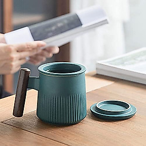 Taoci Tea Mug Ceramic Tea Cup Handle Wooden with Infuser and Lid 13.5 Ounce Porcelain Cup for Steeping Loose Leaf Tea (Green) (shuibei120121)