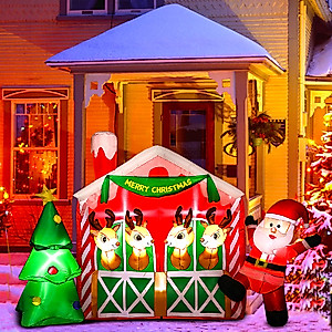 9 Ft Long Large Christmas Inflatable Santa Claus in Reindeer Stable with Christmas Tree, Blow Up Yard Decorations with LED Lights for Indoor Outdoor, Home, Xmas Party, Lawn, New Year
