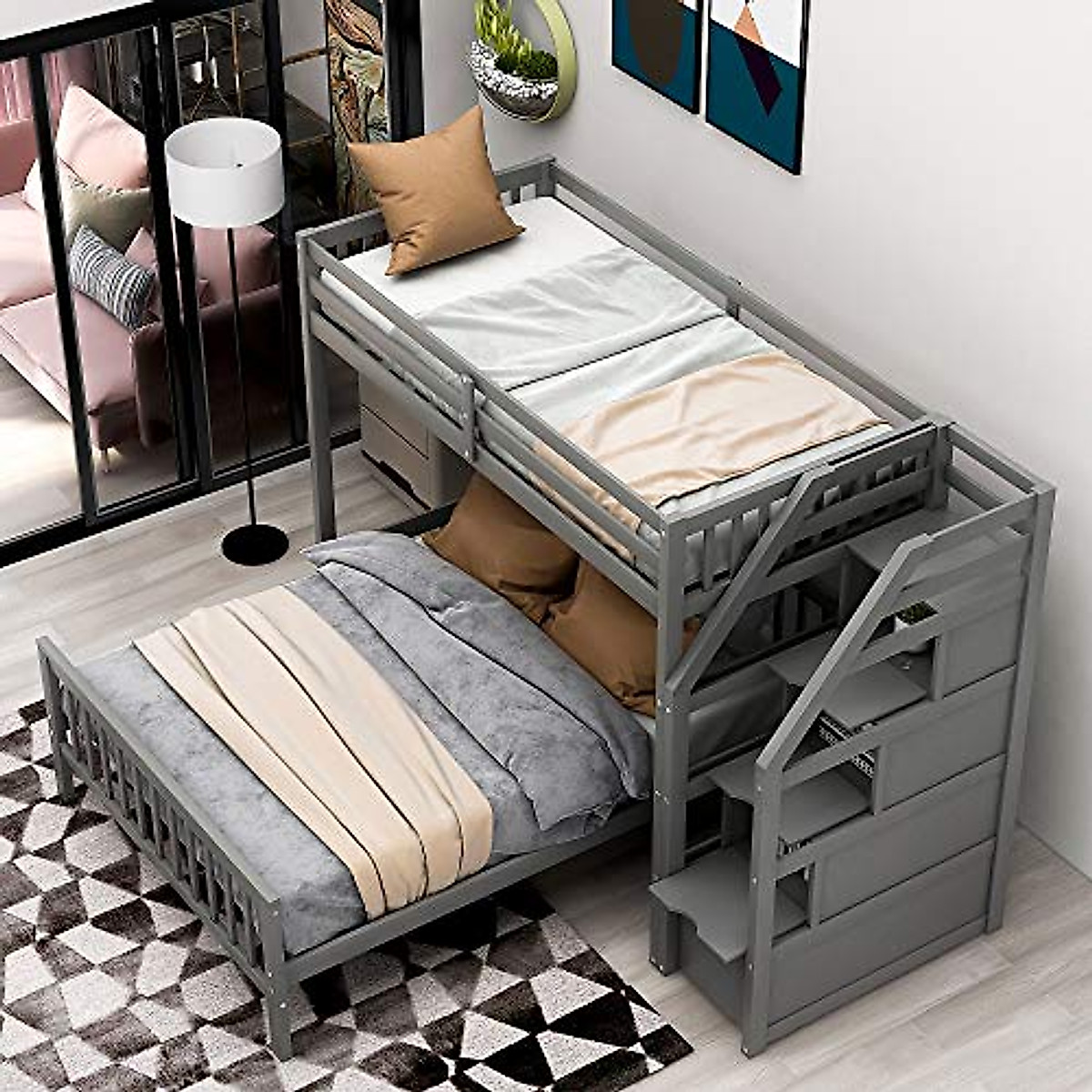 Harper & Bright Designs Twin Over Full Loft Beds, Bunk Beds Twin Over Full with Stairway and Storage, Full-Length Guardrail, No Box Spring Needed (Grey Twin Over Full Bun Beds)