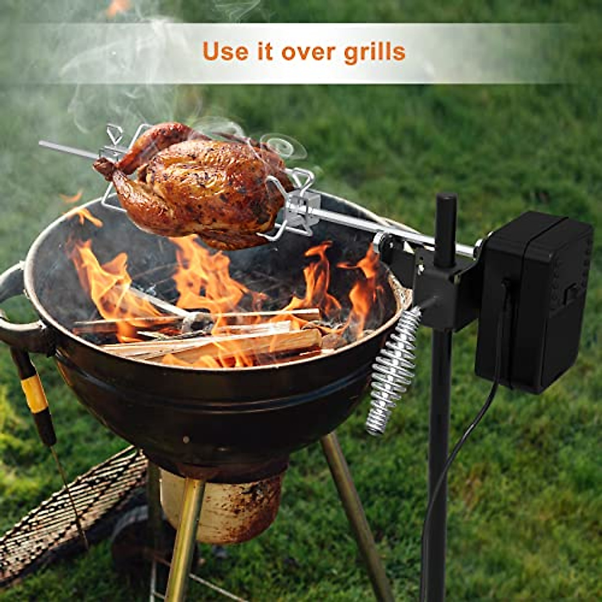 only fire Outdoor Open Flame Camping Grill, Campfire Cooking Accessories, Cooking over Any Grill or Fire - Include Motor, Power Adapter, Car Charging Cable and Bag