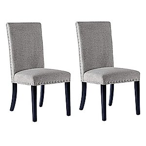Cui Liu Owen Upholstered Dining Chair – Armless Dining Chair in Grey Linen with Black Wooden Leg and Shiny Silver Nailhead (Set of 2)
