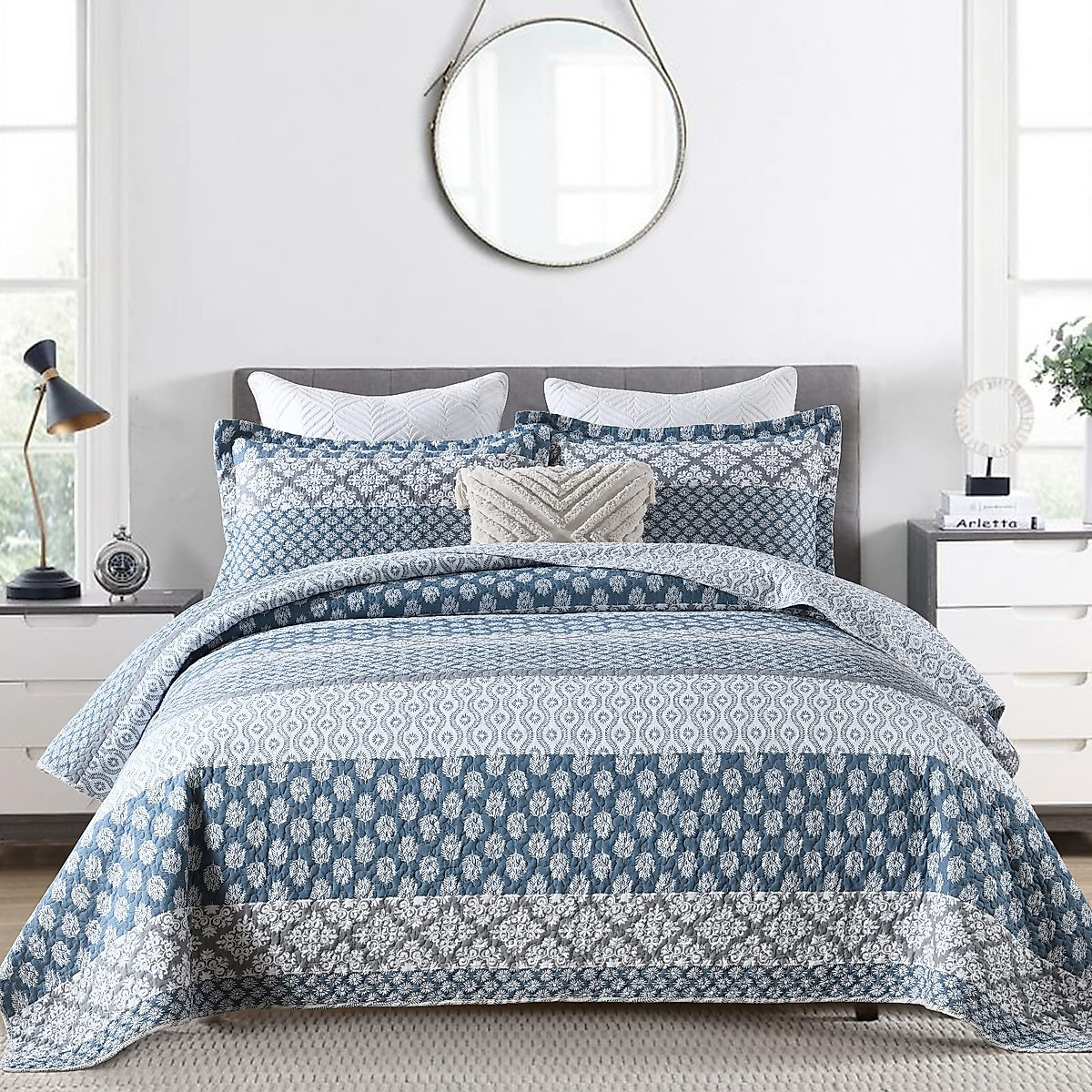 PERHOM Blue Quilt Queen Size - Queen Quilt Set, 100% Long-Staple Cotton Floral Quilt Bedding Set Bedspreads, Patchwork Reversible Lightweight Comforter Bed Spread for All Season, Blue/Gray, 3 Pieces