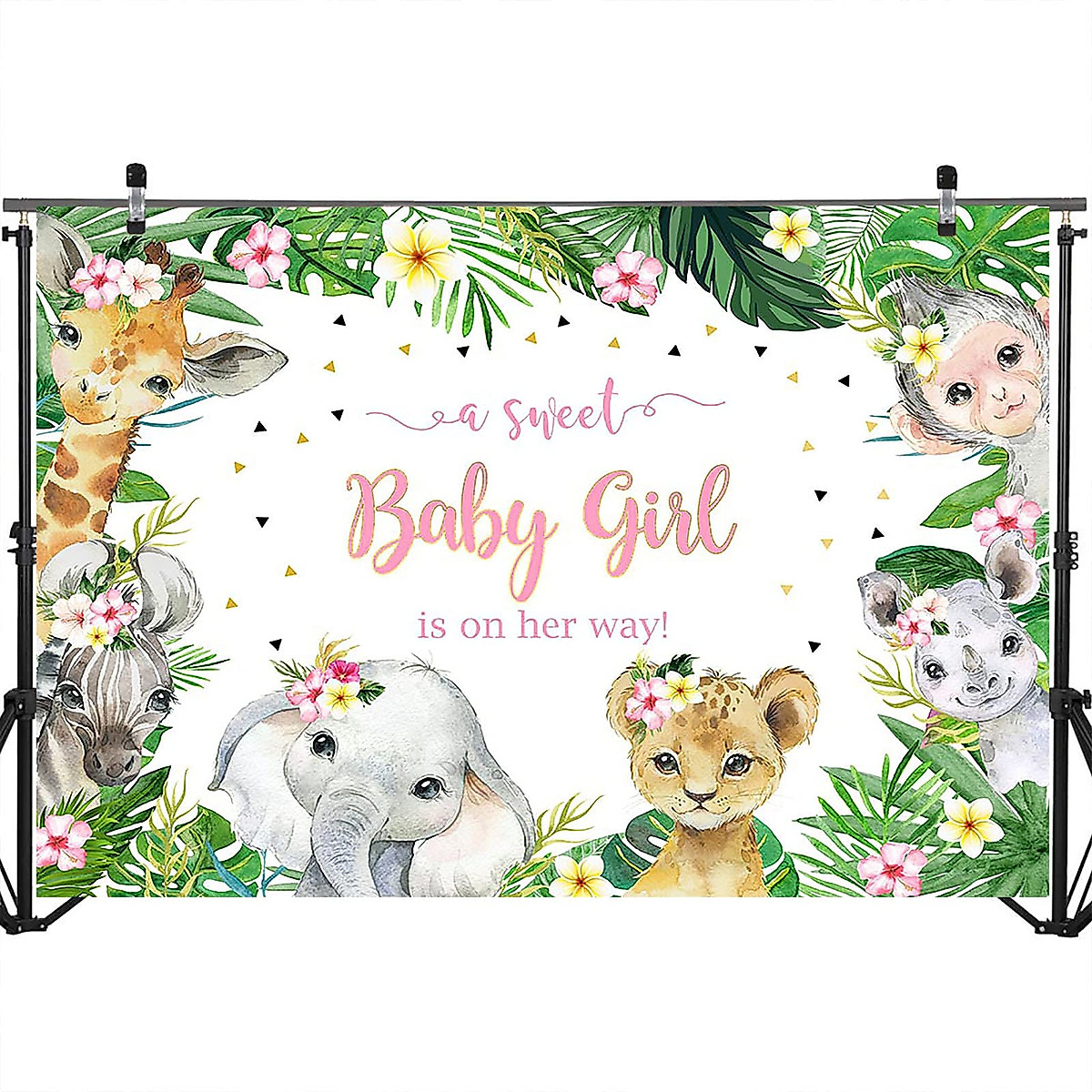 Mocsicka Girl Safari Baby Shower Backdrop 7x5ft Pink Safari Wild Animals A Sweet Baby Girl is On Her Way Baby Shower Party Decorations Floral Greenery Photography Background