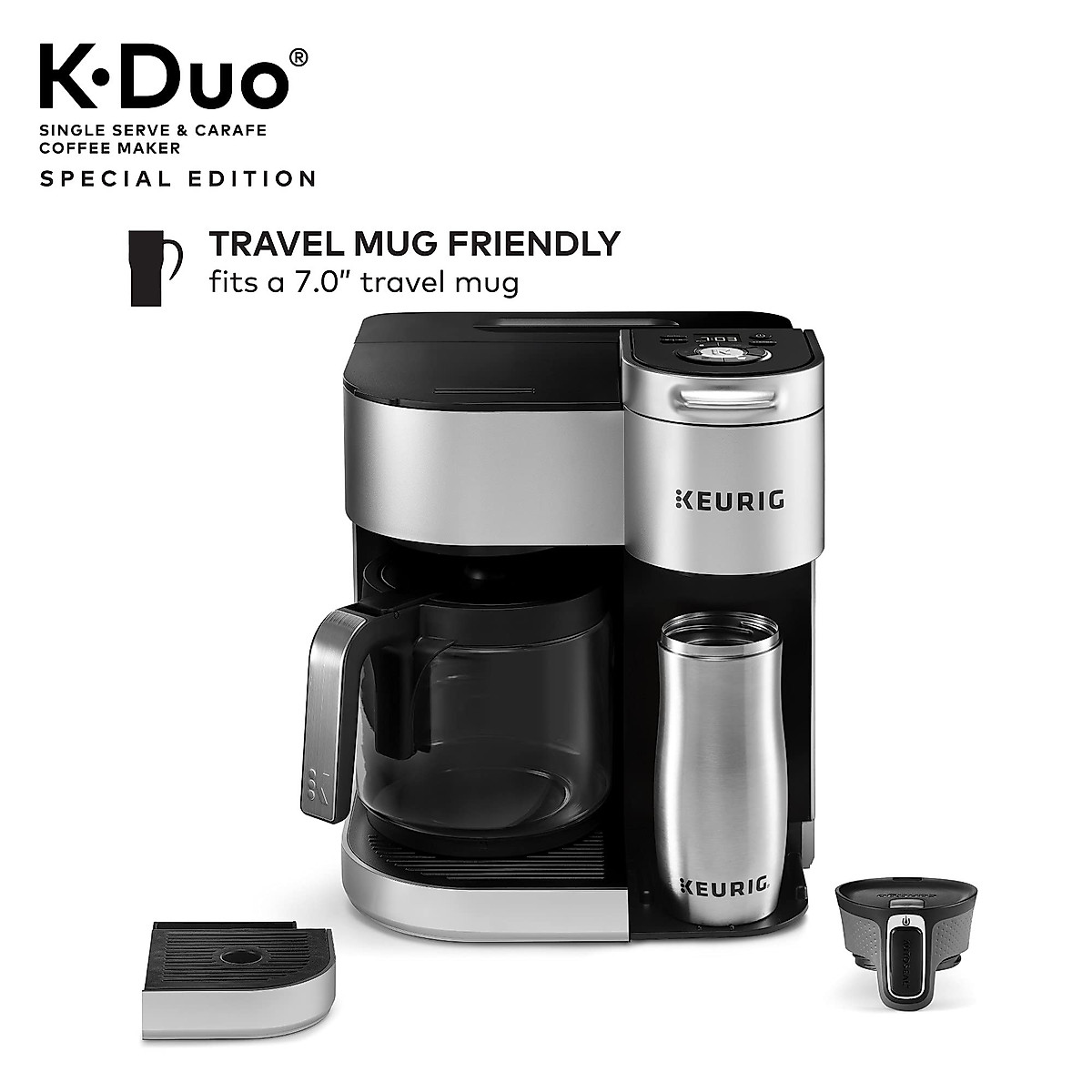 Keurig K-Duo Special Edition Coffee Maker, Single Serve and 12-Cup Drip Coffee Brewer, Silver & Contigo Autoseal Coffee Travel Mug, West Loop Vacuum Insulated with Easy-Clean Lid, 14 Oz, Silver