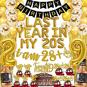 29th Birthday Decorations for Men include Last Year In My 20s Balloon Banner I AM 28+1 Glitter Banner 29 Birthday Cake Topper Cupcake Toppers Number 29 Foil Balloons Whiskey Balloon