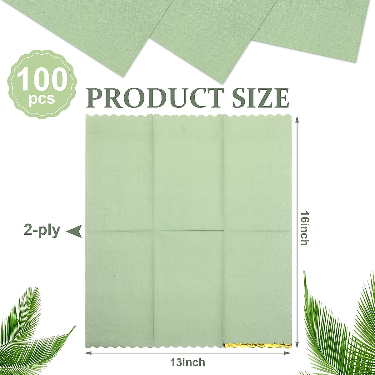 Panelee 100 Pcs Napkins with Gold Foil Scalloped Edges Napkins for Wedding Reception Disposable Cocktail Serviette for Wedding Birthday Party, 13 x 16 Inch(Sage Green)