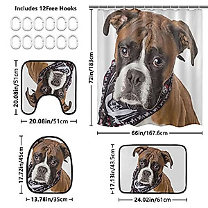 4 Piece Shower Curtain Sets with Non-Slip Rugs, Toilet Lid Cover and Bath Mat, Dogs Boxer Handkerchief Neck Gray Watercolor PeacockShower Curtain with 12 Hooks Durable Waterproof Shower Curtain