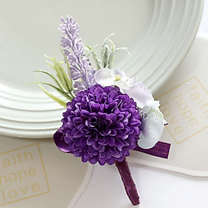 Ciandid Purple Hydrangea Wrist Corsage and Boutonniere set for Wedding Set of 6, 3PCS Groom Groomsman Boutonnieres & 3PCS Bride Bridesmaid Wrist Corsages Wristlet Band Bracelet Flower for Wedding Prom