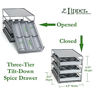 Lipper International Three-Tier Tilt Down Kitchen and Cooking Spice Drawer, Silver/Gray