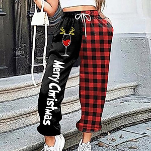 Fleece Lined Sweatpants Women Snowman Print Christmas Womens Petite Sweatpants Buffalo Plaid Print Straight Leg Gym Sweatpants High Waisted Drawstring Baggy Sweatpants Z4-White XL