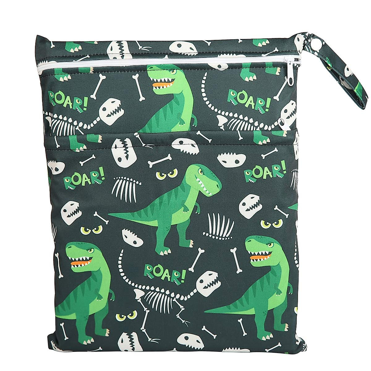 Sigzagor Wet Bag Baby Cloth Diaper Nappy Bag Reusable With Two Zippered Pockets Boys (Green Dinosaur)