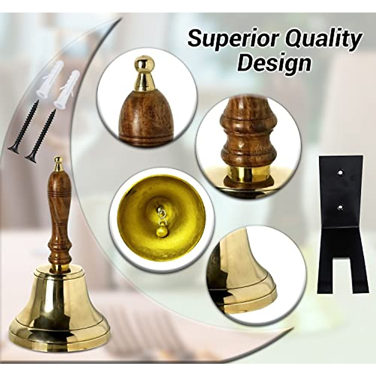 ARSUK Hand Bell for Adults, Wooden Handle Large Ringing Call Bells for Sick Person, Seniors, Teachers, Patients, Wedding, Santa, Christmas, Services 23.8 x 10.7 x 10.5, 240gm (4" Brass)