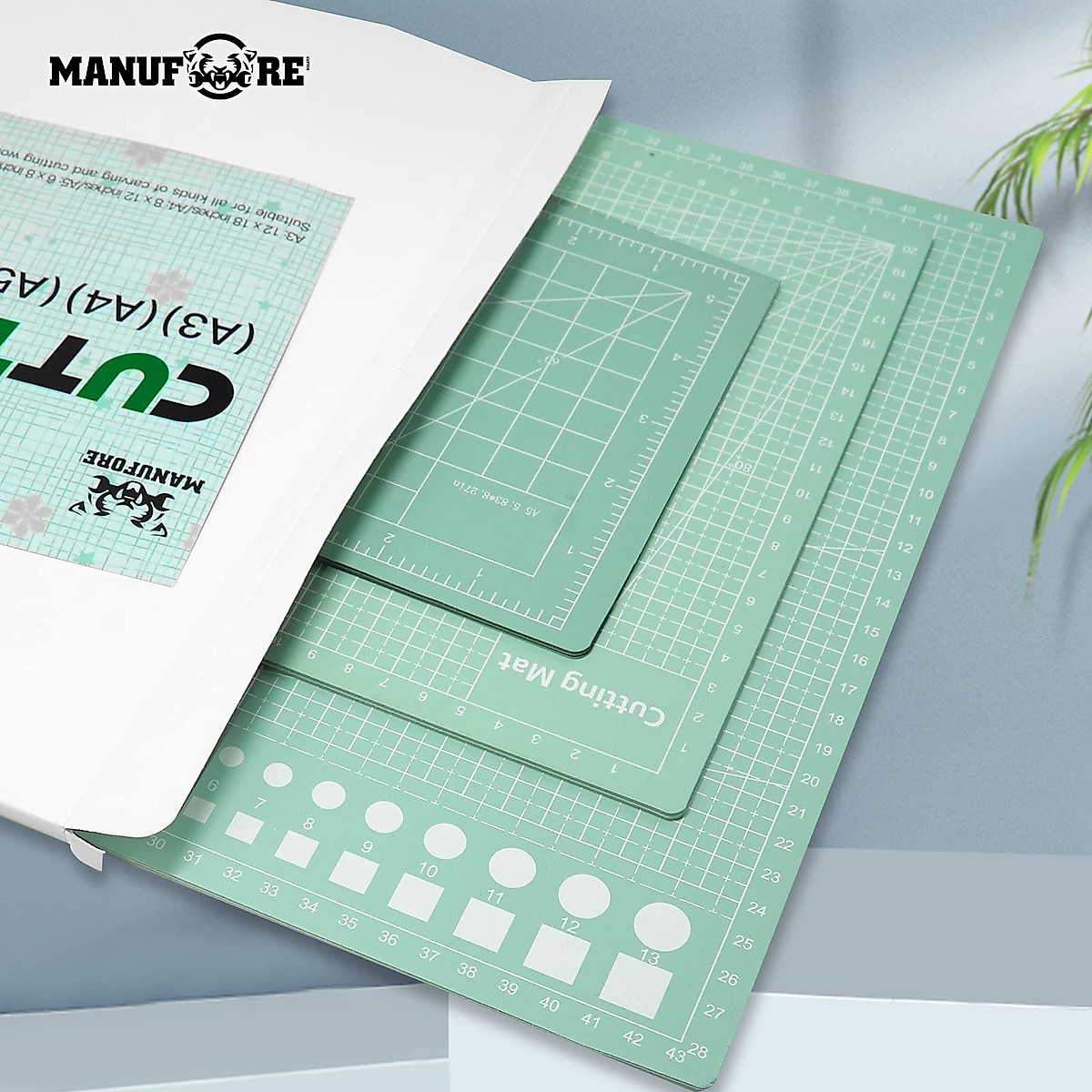 MANUFORE Mint Green Cutting Mat A3, A4, A5 Set with Centimeter and Inch Scale Self Healing Craft Cutting Board with 3mm 5-ply Thickness for Using Rotary Cutter, Craft Knife, Paper Knife