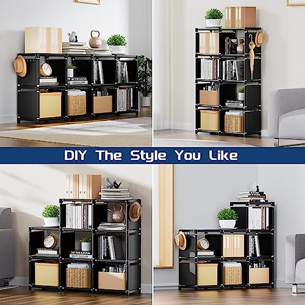 Mavivegue 8 Cube Book Shelf Organizer - Tall Black Cube Shelf with Cubbies for Bedroom, Living Room, Office